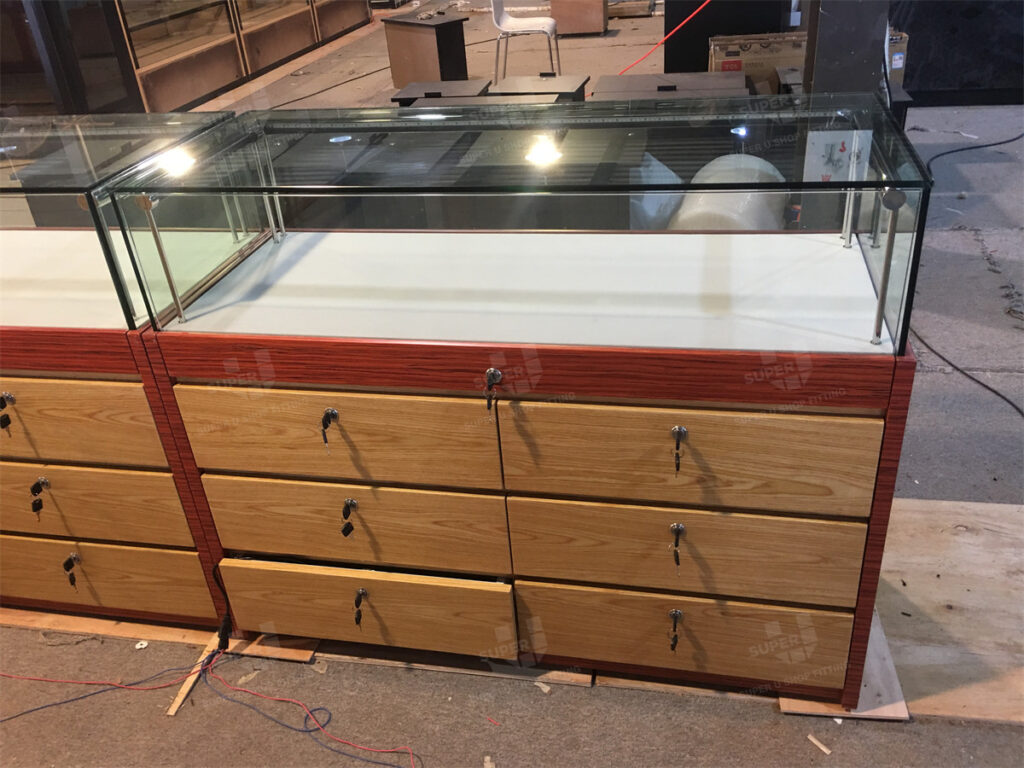 Custom Half Vision Wood Glass Jewelry Display Counter Manufacturer Supplier